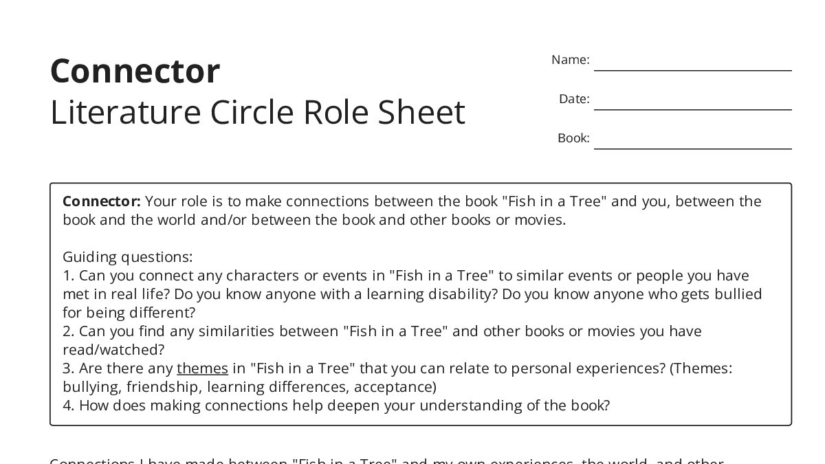 Connector Literature Circle Role Sheet - My Worksheet Maker: Create ...