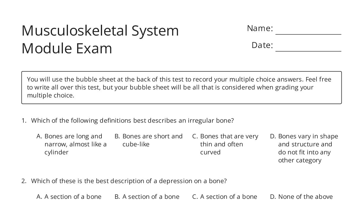 Musculoskeletal System Module Exam - My Worksheet Maker: Create Your ...