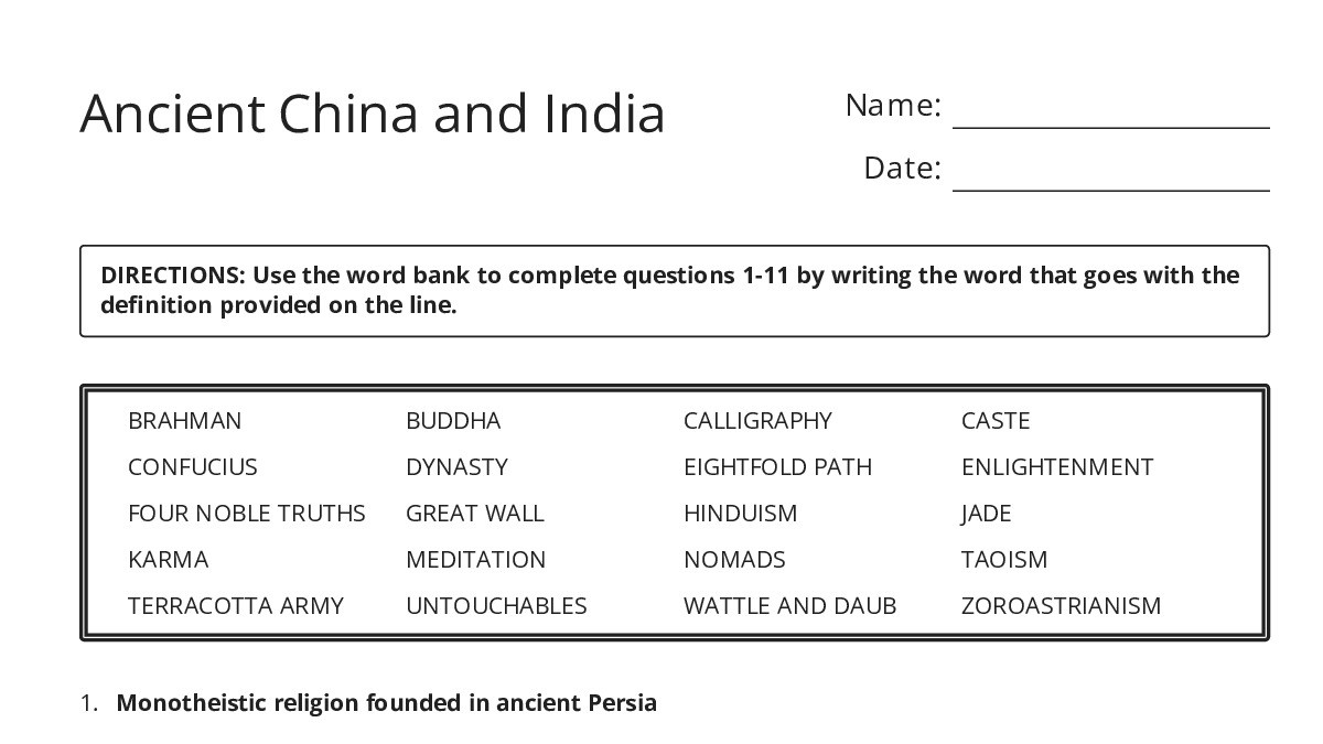Ancient China and India - My Worksheet Maker: Create Your Own Worksheets