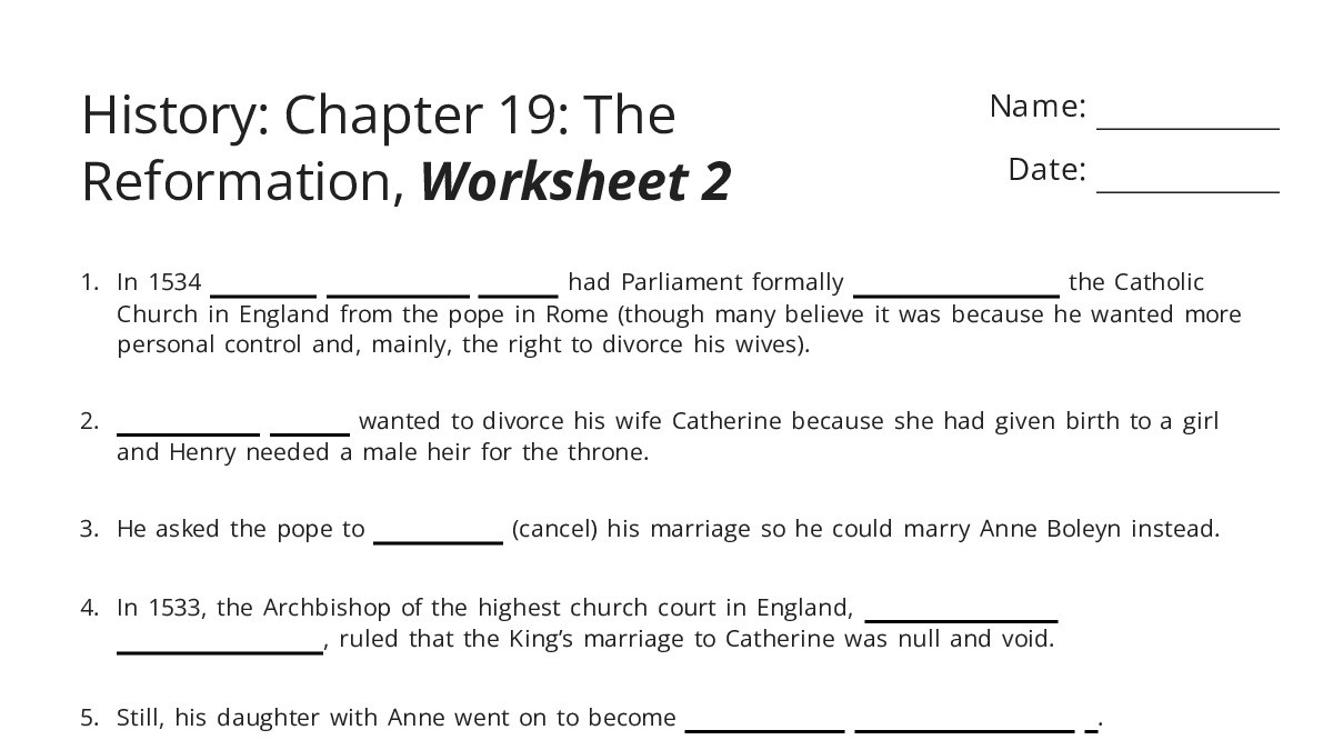 History: Chapter 19: The Reformation, Worksheet 2 - My Worksheet Maker ...