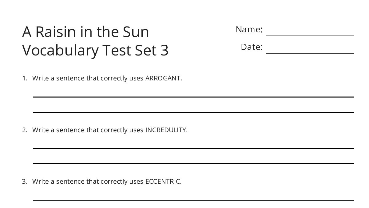 A Raisin in the Sun Vocabulary Test Set 3 - My Worksheet Maker: Create ...