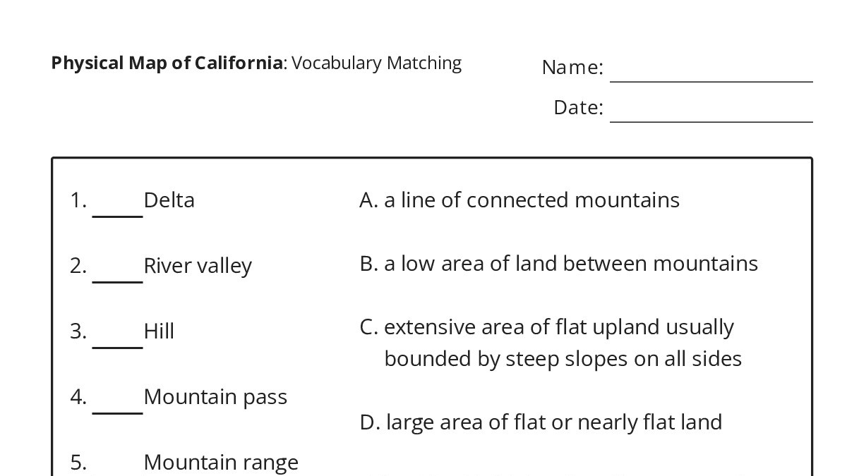 Physical Map of California: Vocabulary Matching - My Worksheet Maker ...