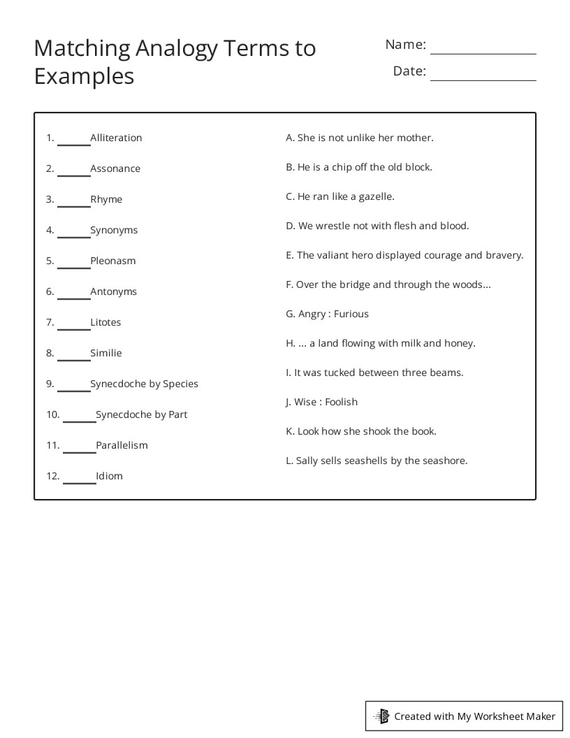 Matching Analogy Terms to Examples - My Worksheet Maker: Create Your ...