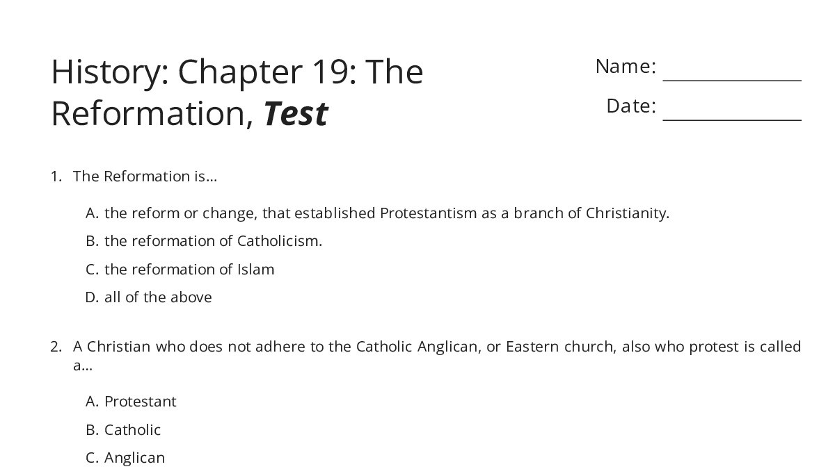 History: Chapter 19: The Reformation, Test - My Worksheet Maker: Create ...