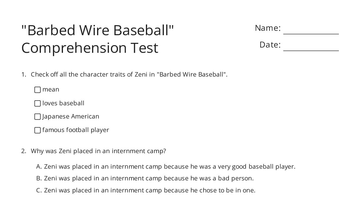 "Barbed Wire Baseball" Comprehension Test - My Worksheet Maker: Create ...