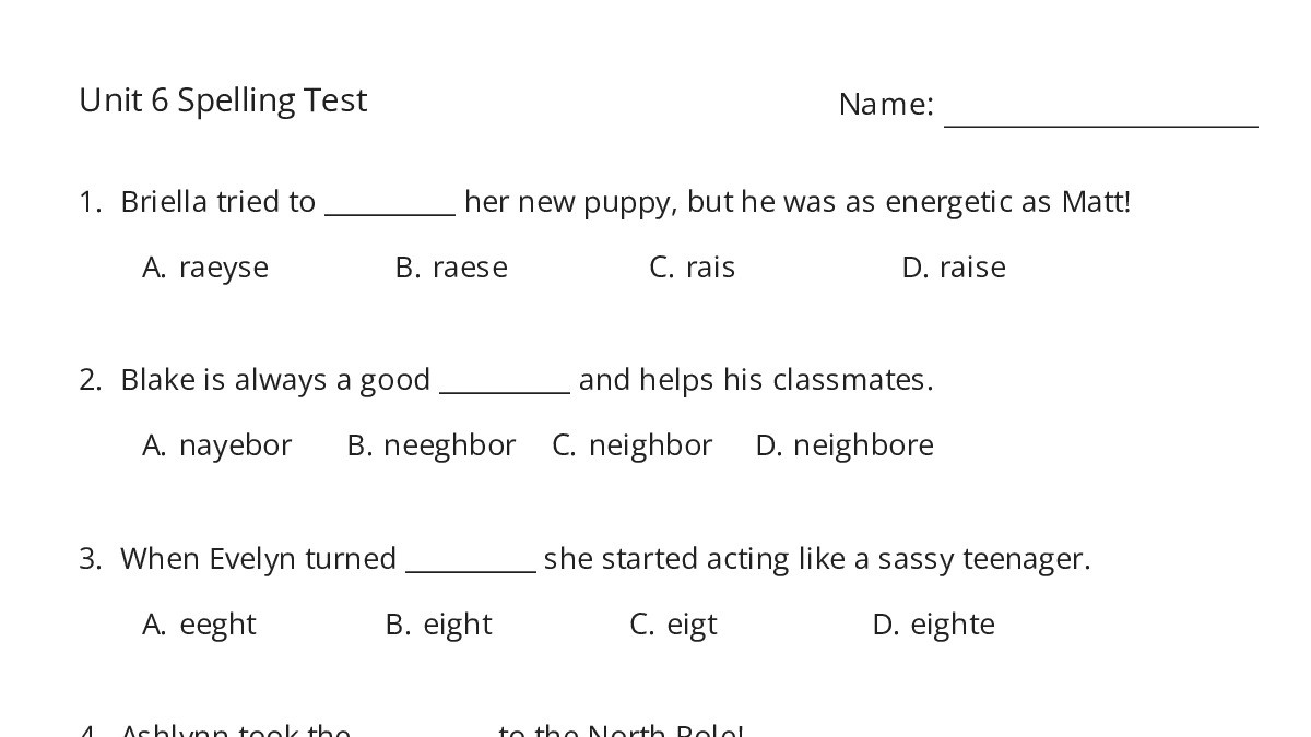 Unit 6 Spelling Test - My Worksheet Maker: Create Your Own Worksheets