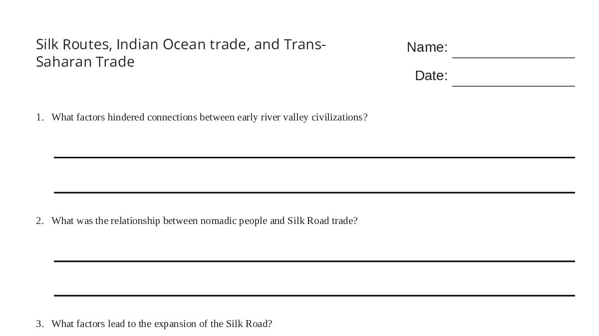 Silk Routes, Indian Ocean trade, and Trans-Saharan Trade - My Worksheet ...
