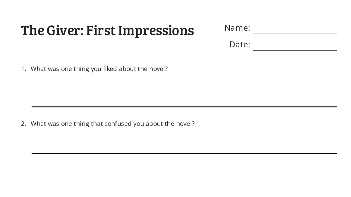 The Giver: First Impressions - My Worksheet Maker: Create Your Own ...