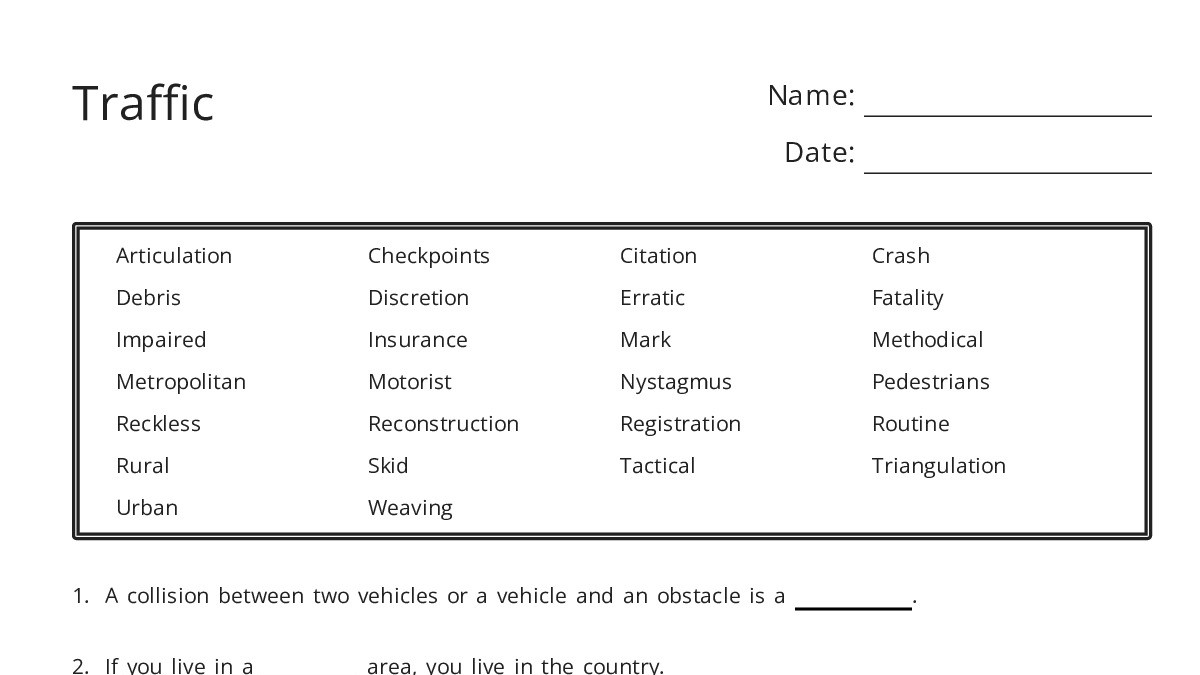 Traffic - My Worksheet Maker: Create Your Own Worksheets