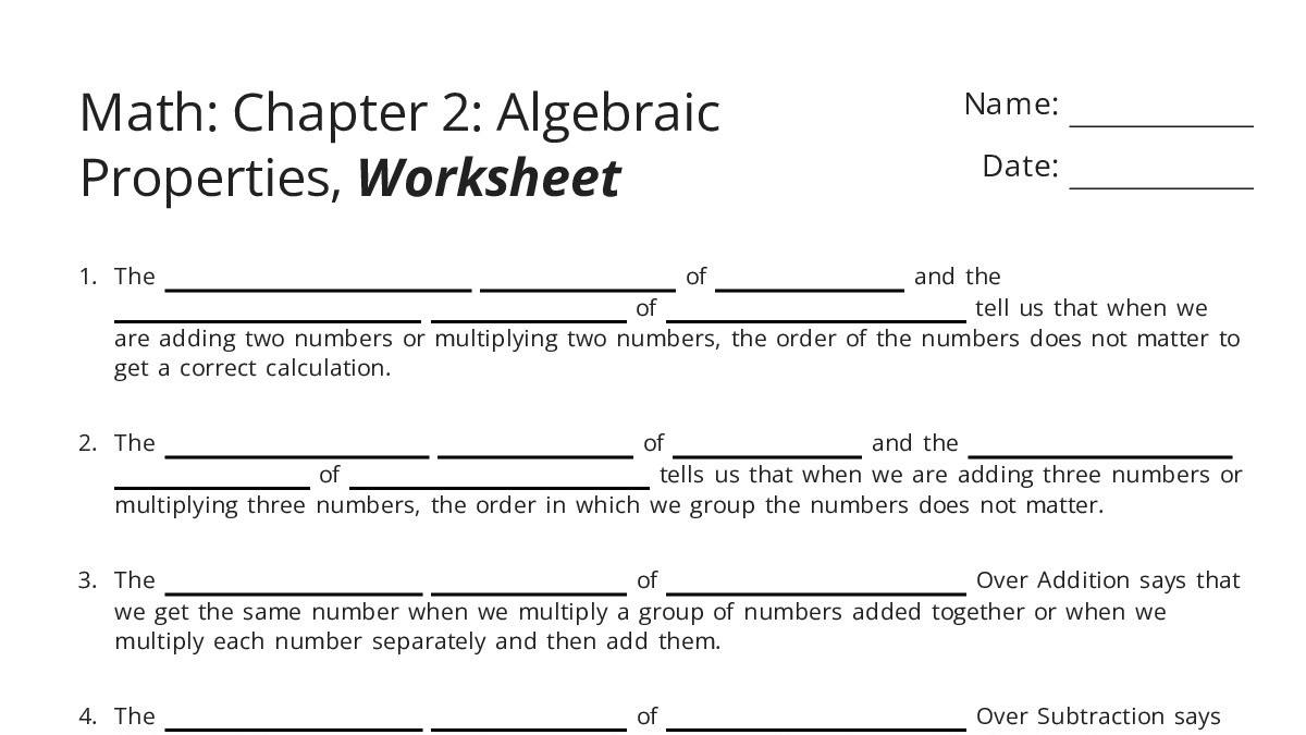 Math: Chapter 2: Algebraic Properties, Worksheet - My Worksheet Maker ...