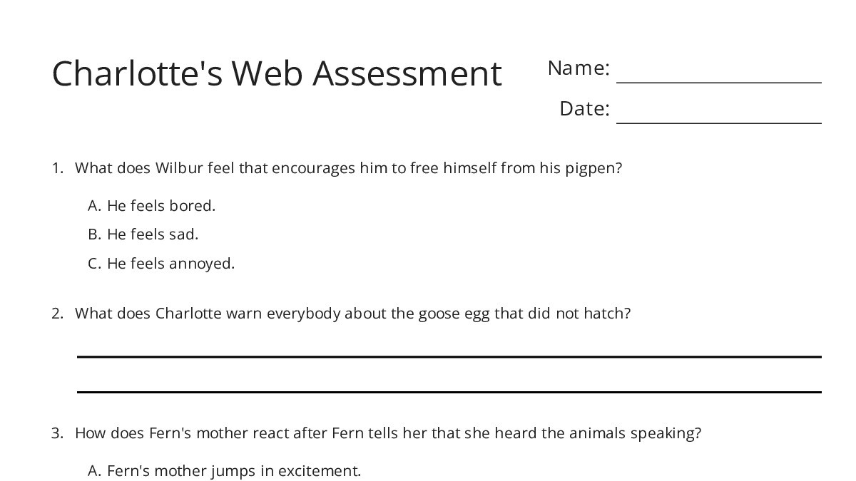 Charlotte's Web Assessment - My Worksheet Maker: Create Your Own Worksheets