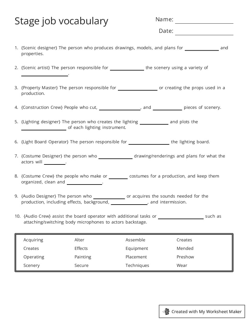 Stage job vocabulary - My Worksheet Maker: Create Your Own Worksheets