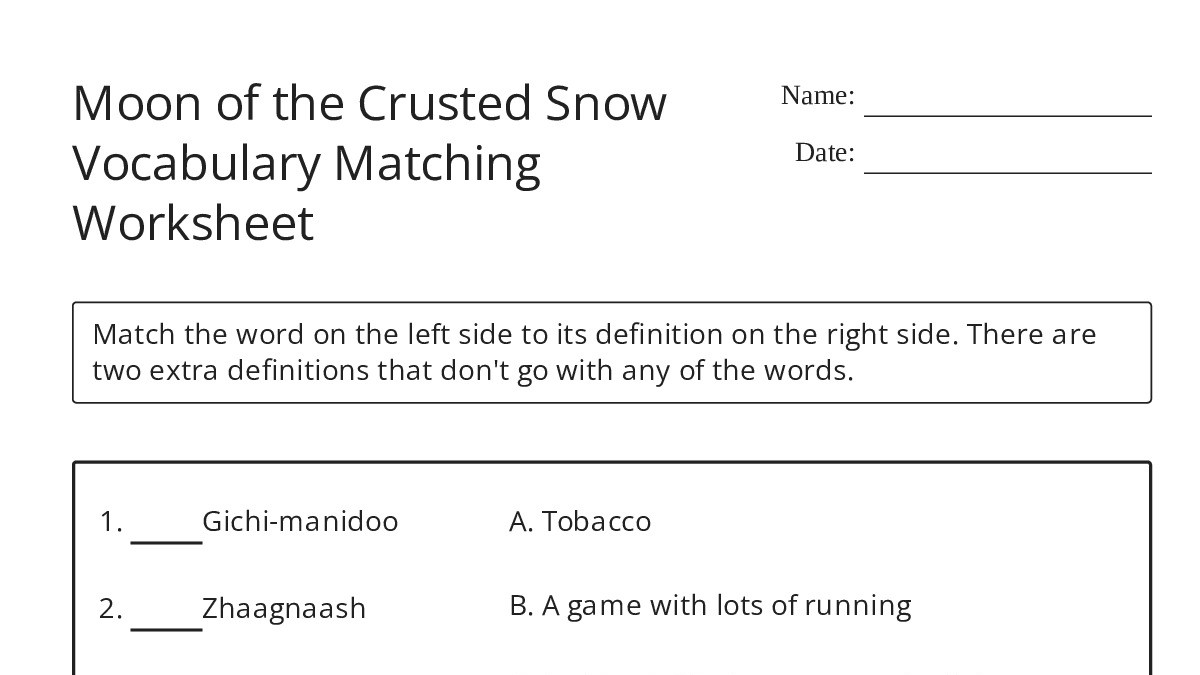 Moon of the Crusted Snow Vocabulary Matching Worksheet - My Worksheet ...