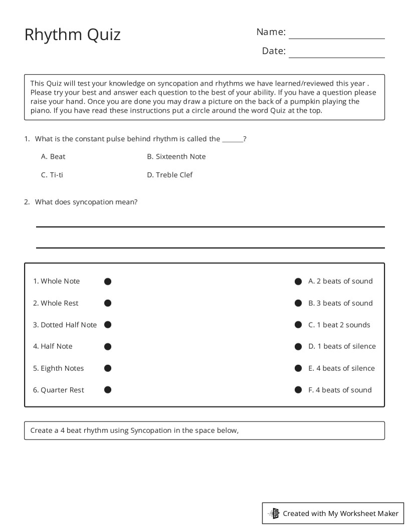 Rhythm Quiz - My Worksheet Maker: Create Your Own Worksheets