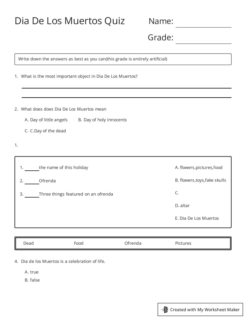 Dia De Los Muertos Quiz - My Worksheet Maker: Create Your Own Worksheets