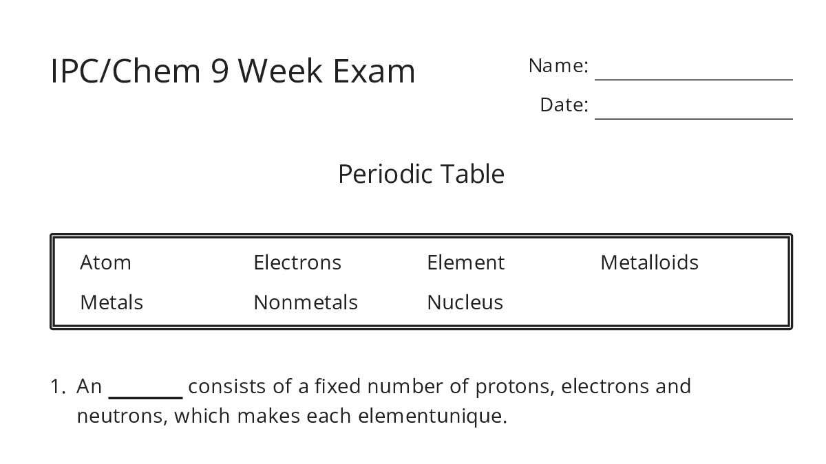 IPC/Chem 9 Week Exam - My Worksheet Maker: Create Your Own Worksheets