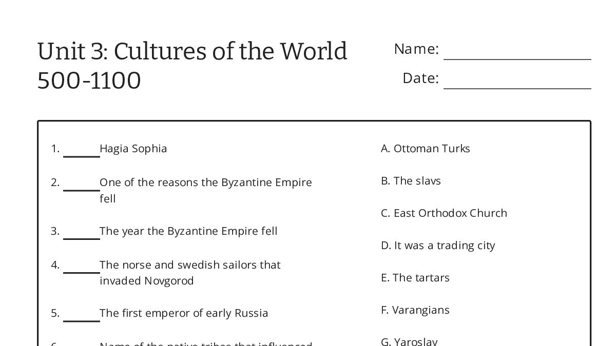 Unit 3: Cultures of the World 500-1100 - My Worksheet Maker: Create ...