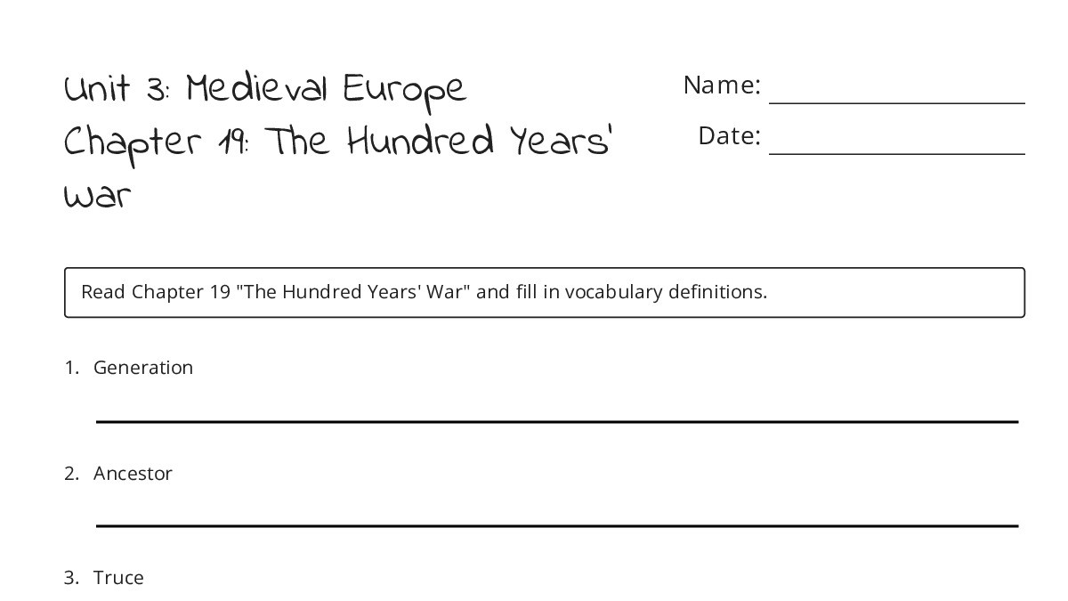 Unit 3: Medieval Europe Chapter 19: The Hundred Years' War - My ...