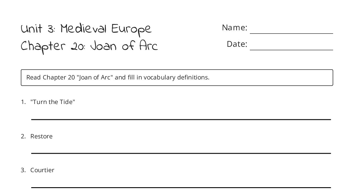 Unit 3: Medieval Europe Chapter 20: Joan of Arc - My Worksheet Maker ...
