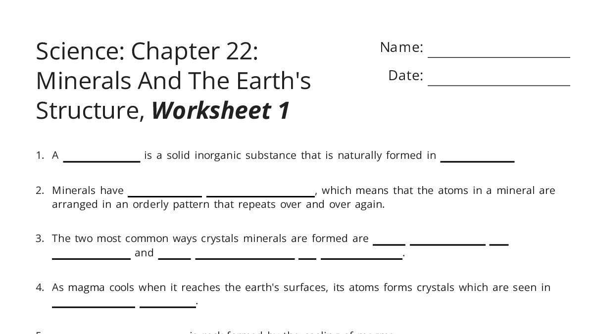 Science: Chapter 22: Minerals And The Earth's Structure, Worksheet 1 ...