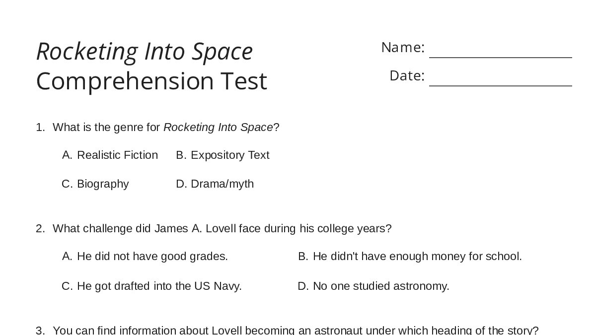 Rocketing Into Space Comprehension Test - My Worksheet Maker: Create ...