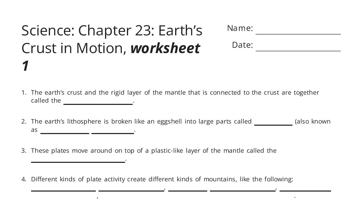 Science: Chapter 23: Earth’s Crust in Motion, worksheet 1 - My ...