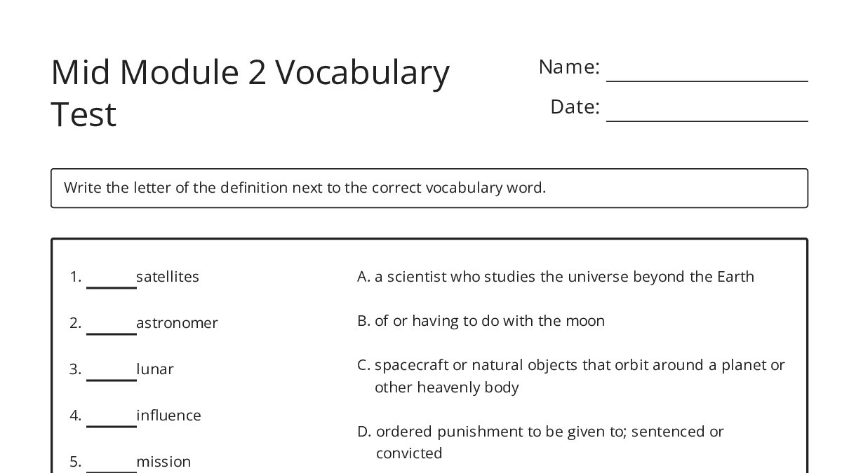 Mid Module 2 Vocabulary Test - My Worksheet Maker: Create Your Own ...