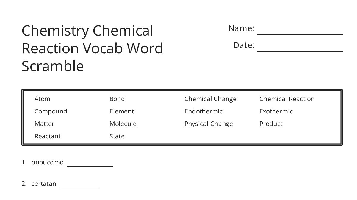 Chemistry Chemical Reaction Vocab Word Scramble - My Worksheet Maker ...