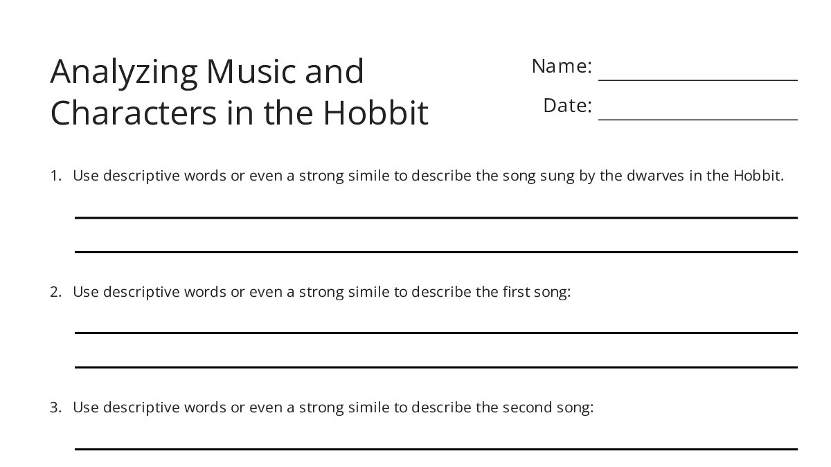 Analyzing Music and Characters in the Hobbit - My Worksheet Maker ...