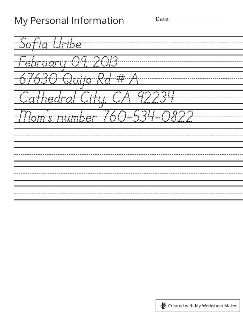 My Personal Information - My Worksheet Maker: Create Your Own Worksheets
