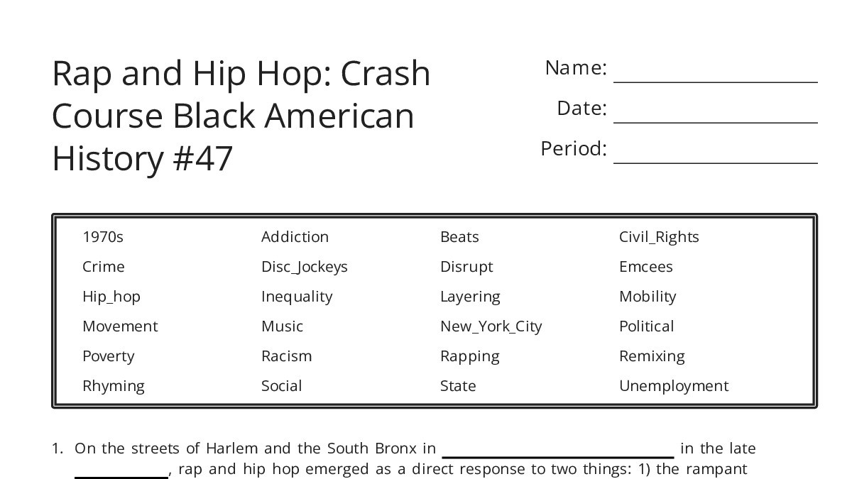 Rap and Hip Hop: Crash Course Black American History #47 - My Worksheet ...