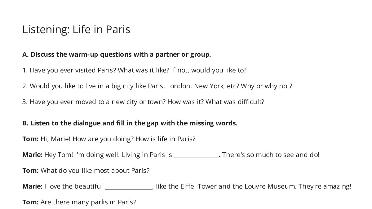 Listening: Life in Paris - My Worksheet Maker: Create Your Own Worksheets