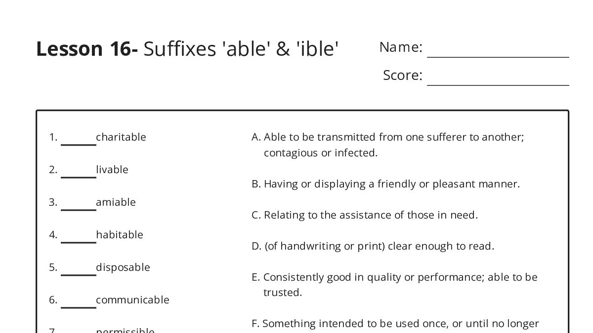 Lesson 16- Suffixes 'able' & 'ible' - My Worksheet Maker: Create Your ...