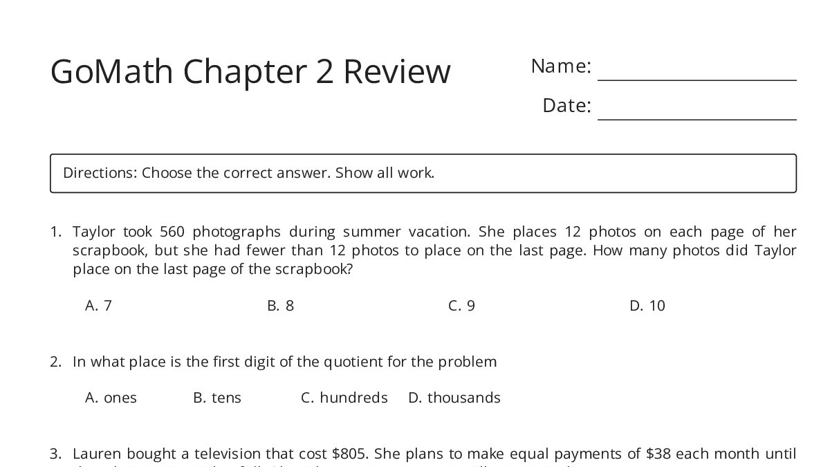 GoMath Chapter 2 Review - My Worksheet Maker: Create Your Own Worksheets
