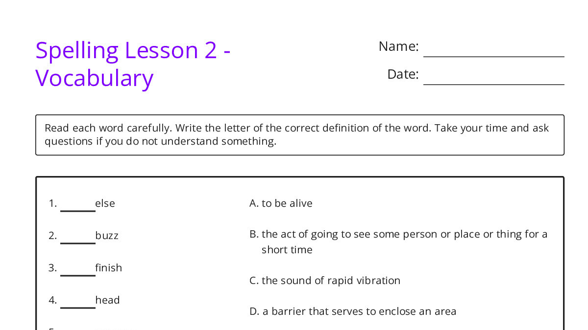 Spelling Lesson 2 - Vocabulary - My Worksheet Maker: Create Your Own ...