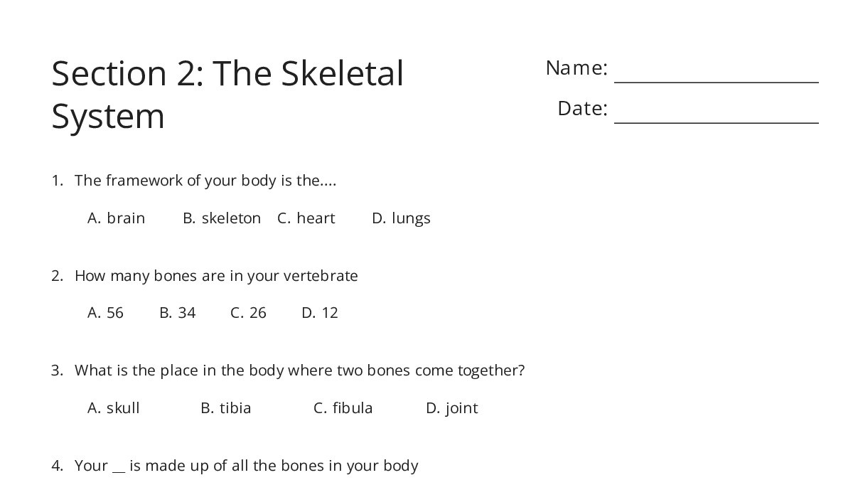 Section 2: The Skeletal System - My Worksheet Maker: Create Your Own ...