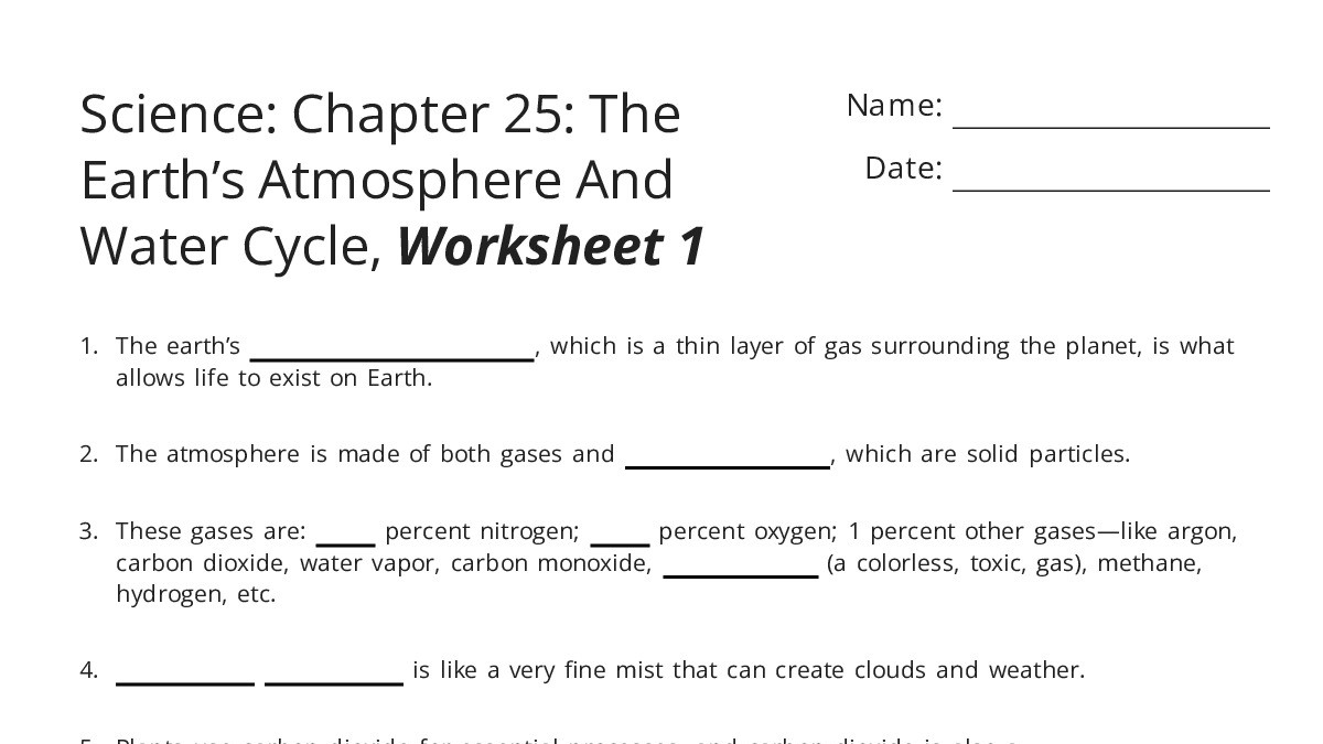 Science: Chapter 25: The Earth’s Atmosphere And Water Cycle, Worksheet ...