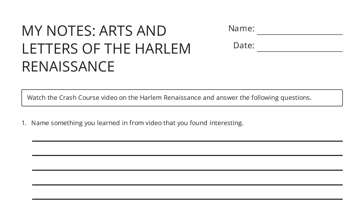 MY NOTES: ARTS AND LETTERS OF THE HARLEM RENAISSANCE - My Worksheet ...