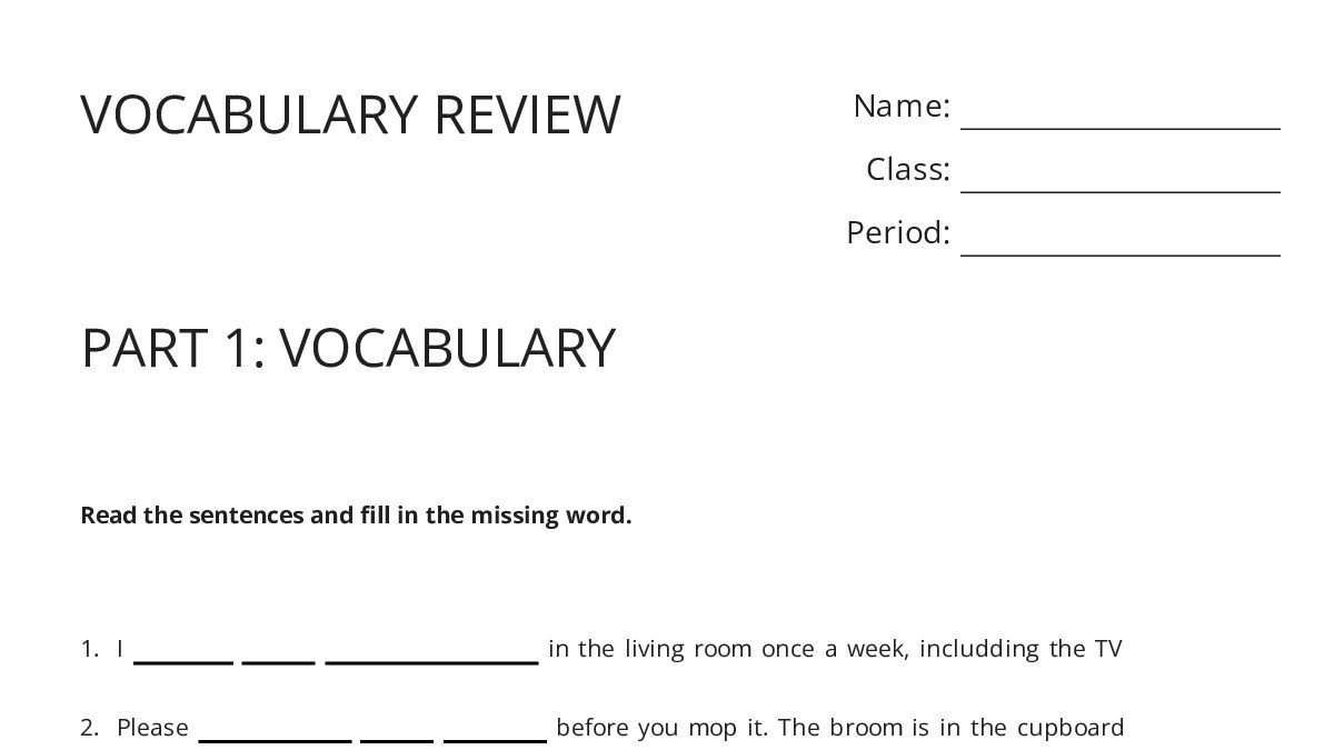 VOCABULARY REVIEW - My Worksheet Maker: Create Your Own Worksheets