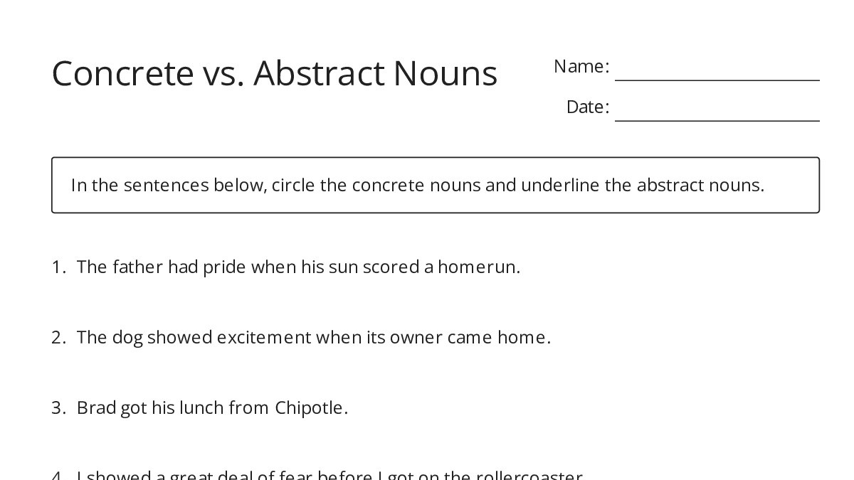 Concrete vs. Abstract Nouns - My Worksheet Maker: Create Your Own ...