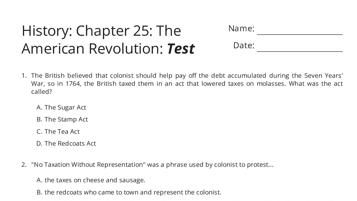 History: Chapter 25: The American Revolution: Test - My Worksheet Maker ...