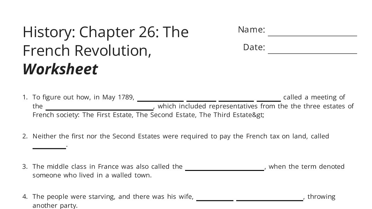 History: Chapter 26: The French Revolution, Worksheet - My Worksheet ...