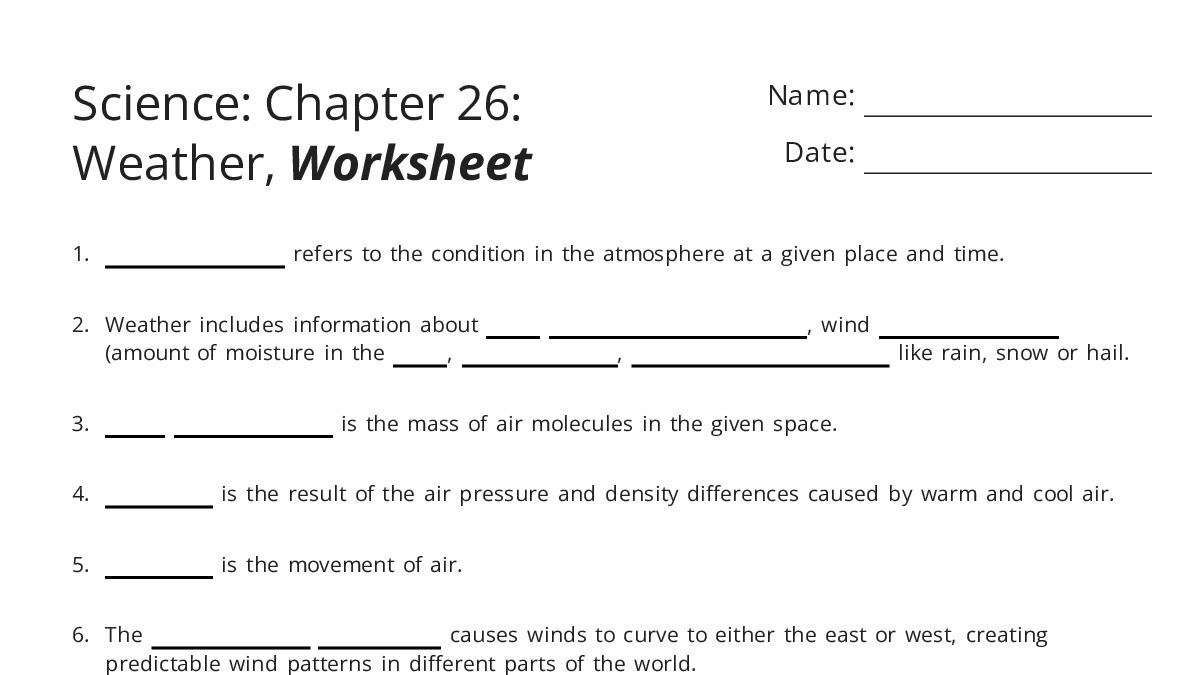 Science: Chapter 26: Weather, Worksheet - My Worksheet Maker: Create ...