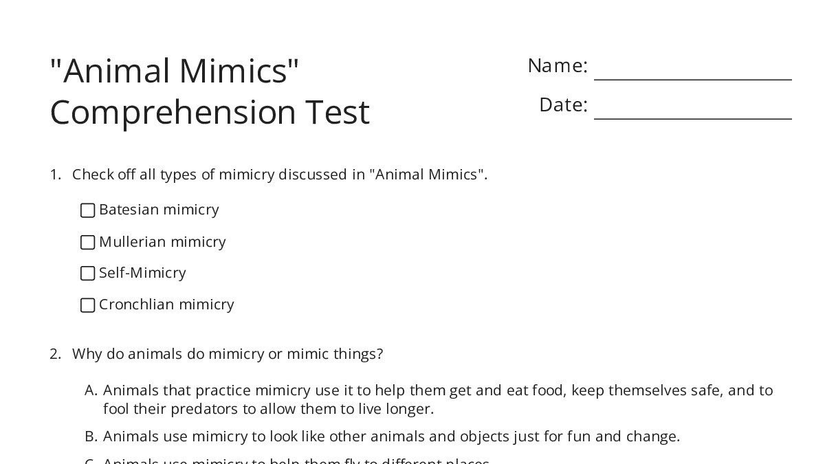 "Animal Mimics" Comprehension Test - My Worksheet Maker: Create Your ...