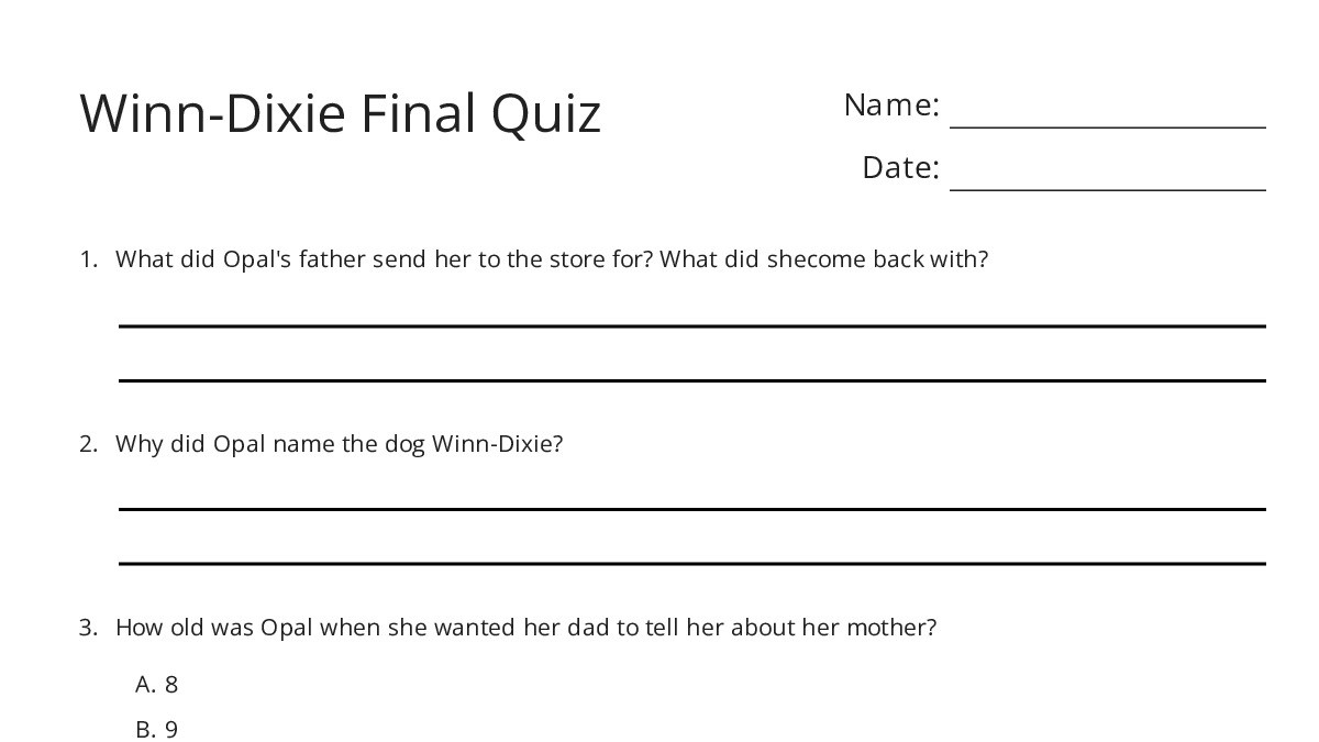 Winn-Dixie Final Quiz - My Worksheet Maker: Create Your Own Worksheets