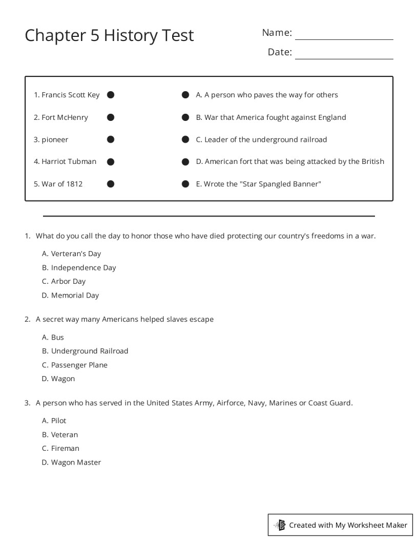 Chapter 5 History Test - My Worksheet Maker: Create Your Own Worksheets