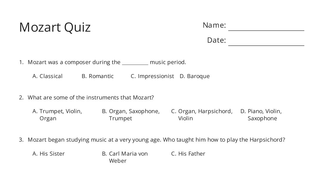 Mozart Quiz - My Worksheet Maker: Create Your Own Worksheets
