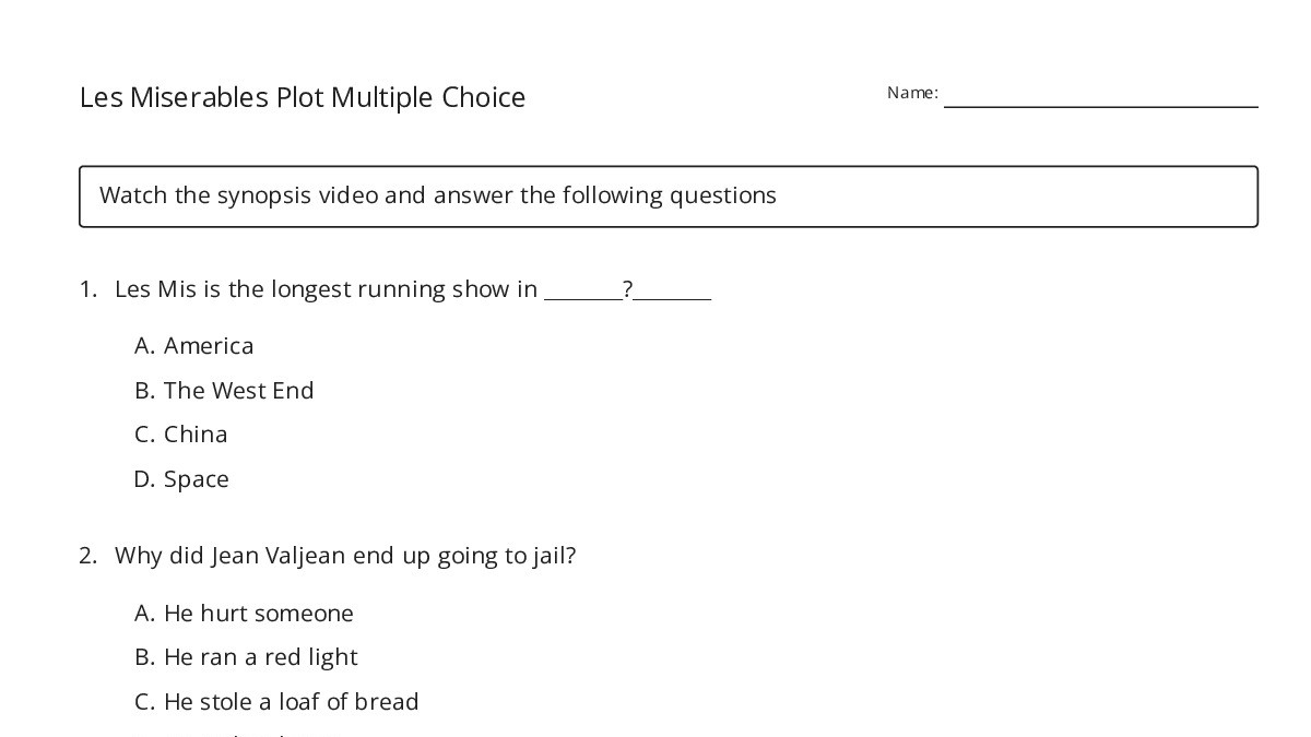 Les Miserables Plot Multiple Choice - My Worksheet Maker: Create Your ...