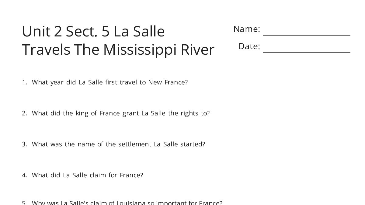 Unit 2 Sect. 5 La Salle Travels The Mississippi River - My Worksheet ...