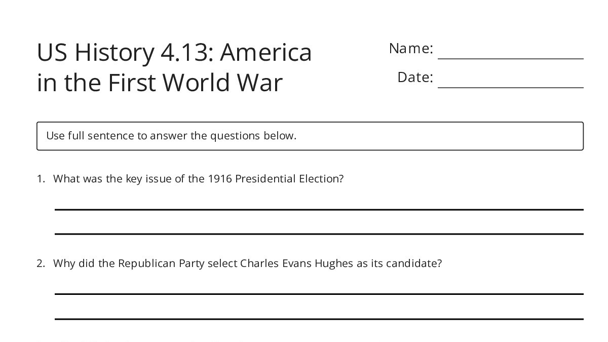US History 4.13: America in the First World War - My Worksheet Maker ...